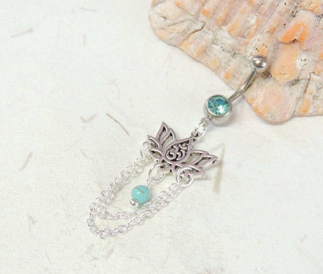 Ohm Lotus Flower Belly Button Navel Ring With Turquoise, Belly Button ...