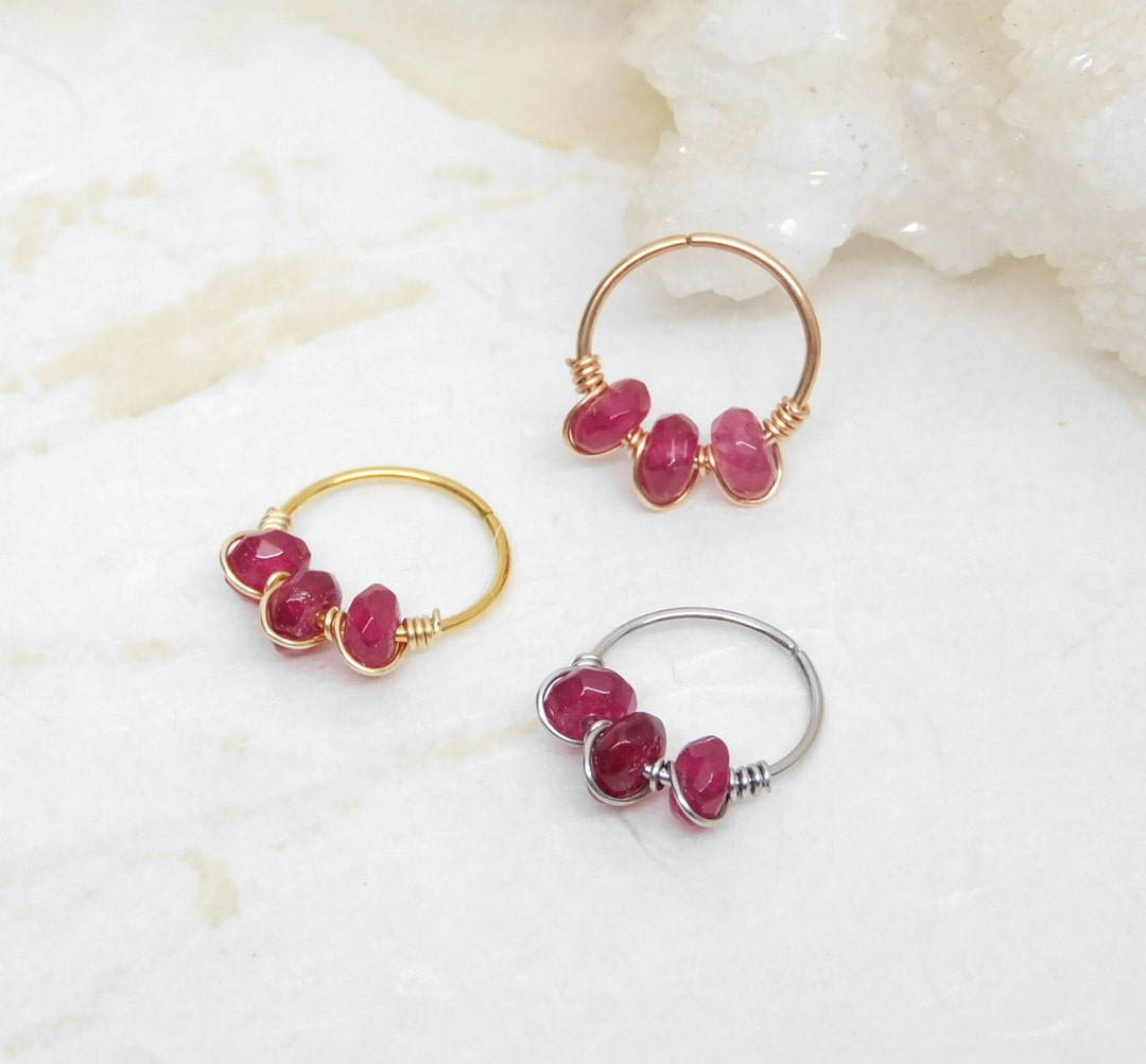 Ruby Nose Ring Hoop, Wire Wrapped Cartilage Hoop Earring, Helix Daith ...