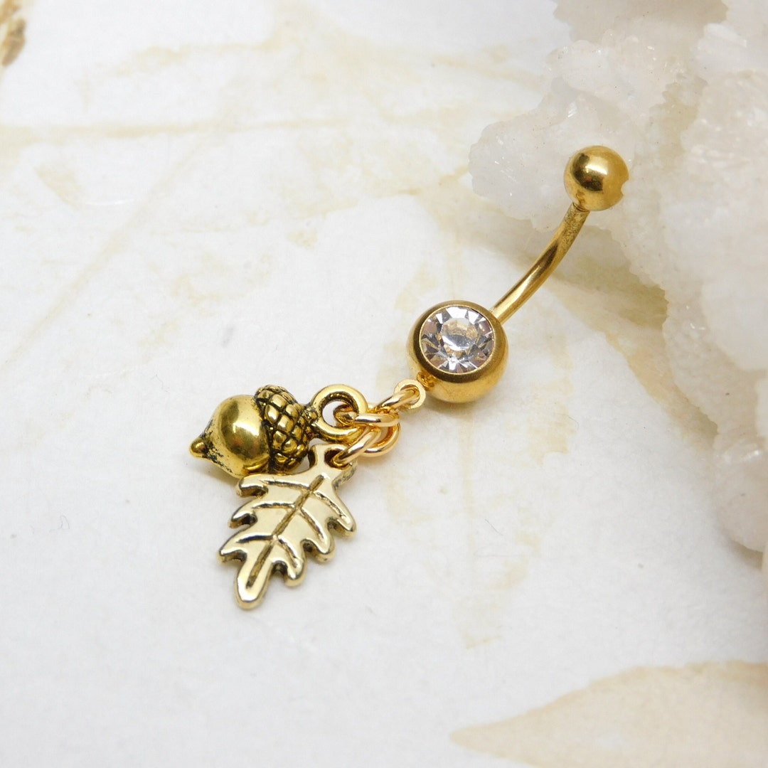 Golden Fall Acorn Leaf Belly Ring, Navel Jewelry, Dangle Belly Ring ...