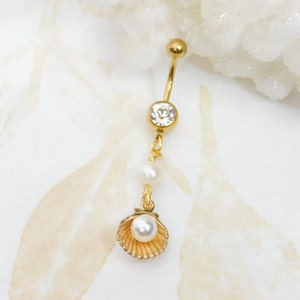 Gold Seashell Pearl Dangle Belly Ring, Nautical Beach Belly Ring, Navel ...
