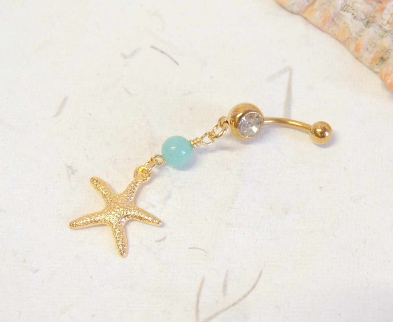 Starfish Belly Button Ring With Aquamarine Dangle Belly Ring - Etsy