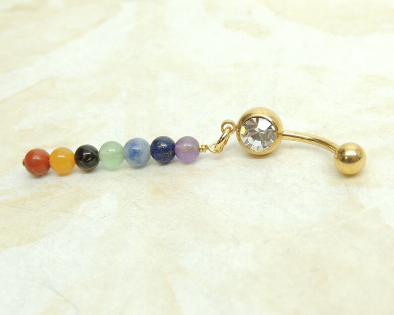 Chakra Mixed Gemstone Dangle Belly Ring, Natural Stone Belly Ring ...
