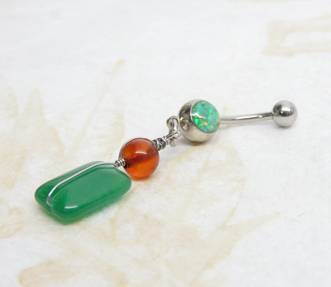 Carnelian Green Jade Belly Ring With Opal Barbell, Handcrafted Wire ...
