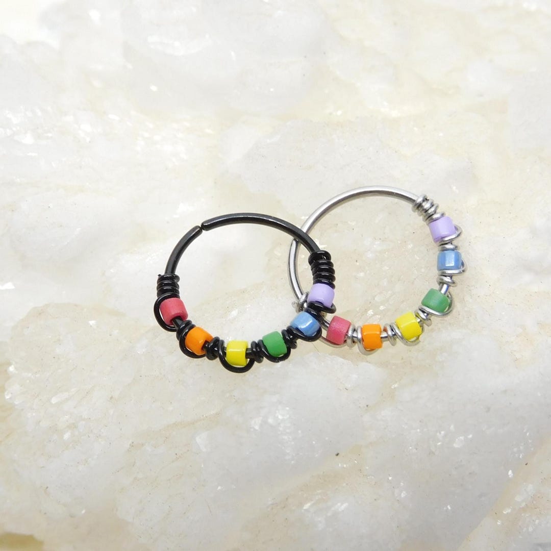 Chakra Nose Ring, Rainbow Nose Hoop Ring, Thin Nose Hoop With Beads ...