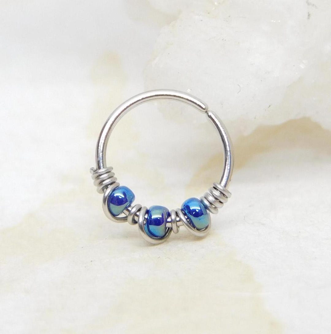 Iridized Blue Beaded Nose Hoop, Thin Nose Hoop, Cartilage Hoop Earring ...