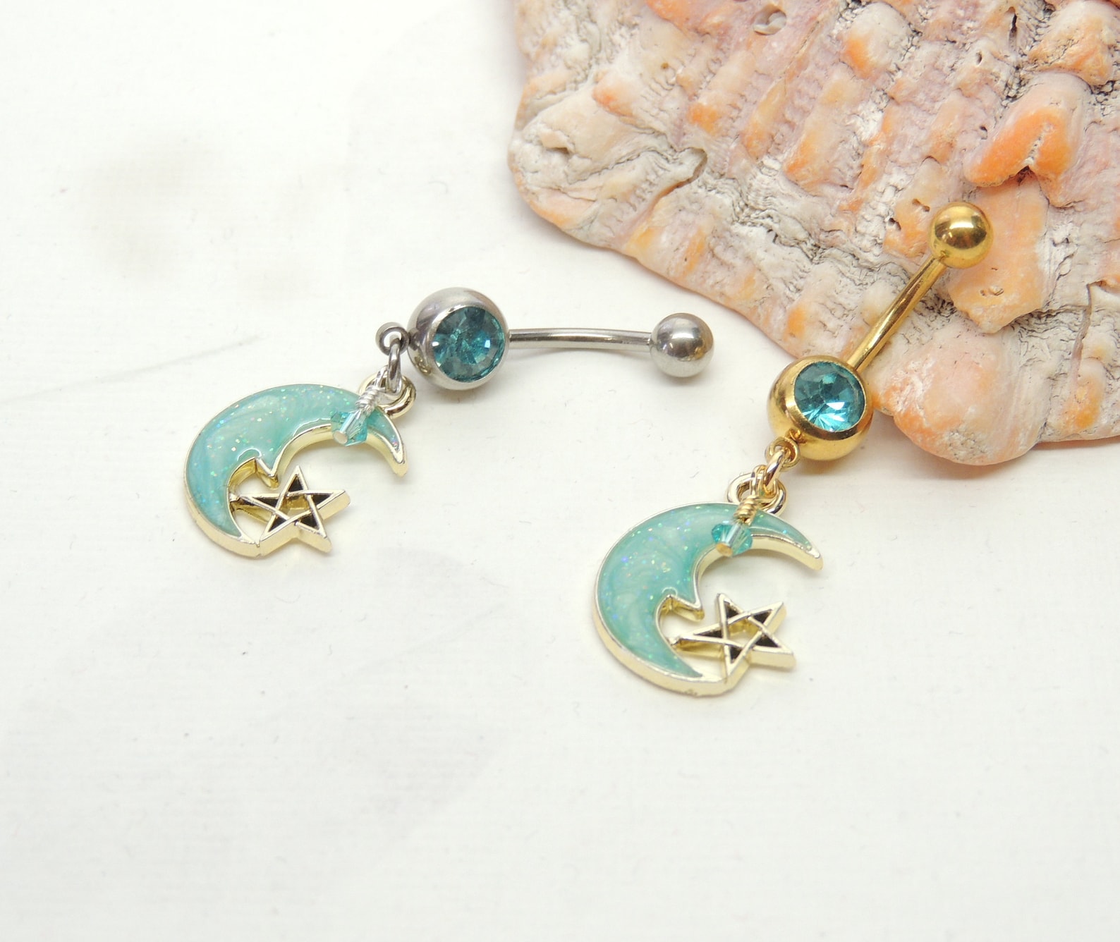 Blue Crescent Moon and Star Belly Ring Dangle Belly Ring - Etsy