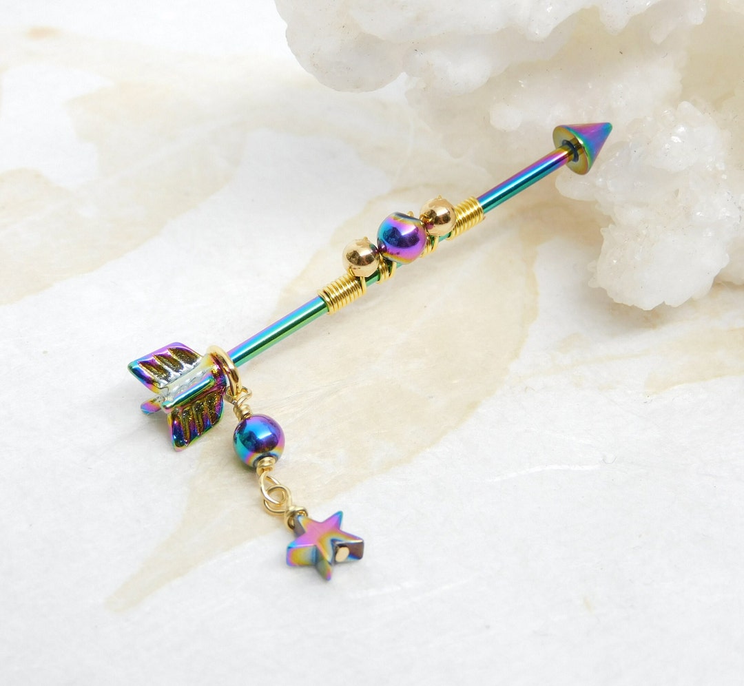 14g Rainbow Steel Arrow Industrial Barbell With Star Dangle, Scaffold ...