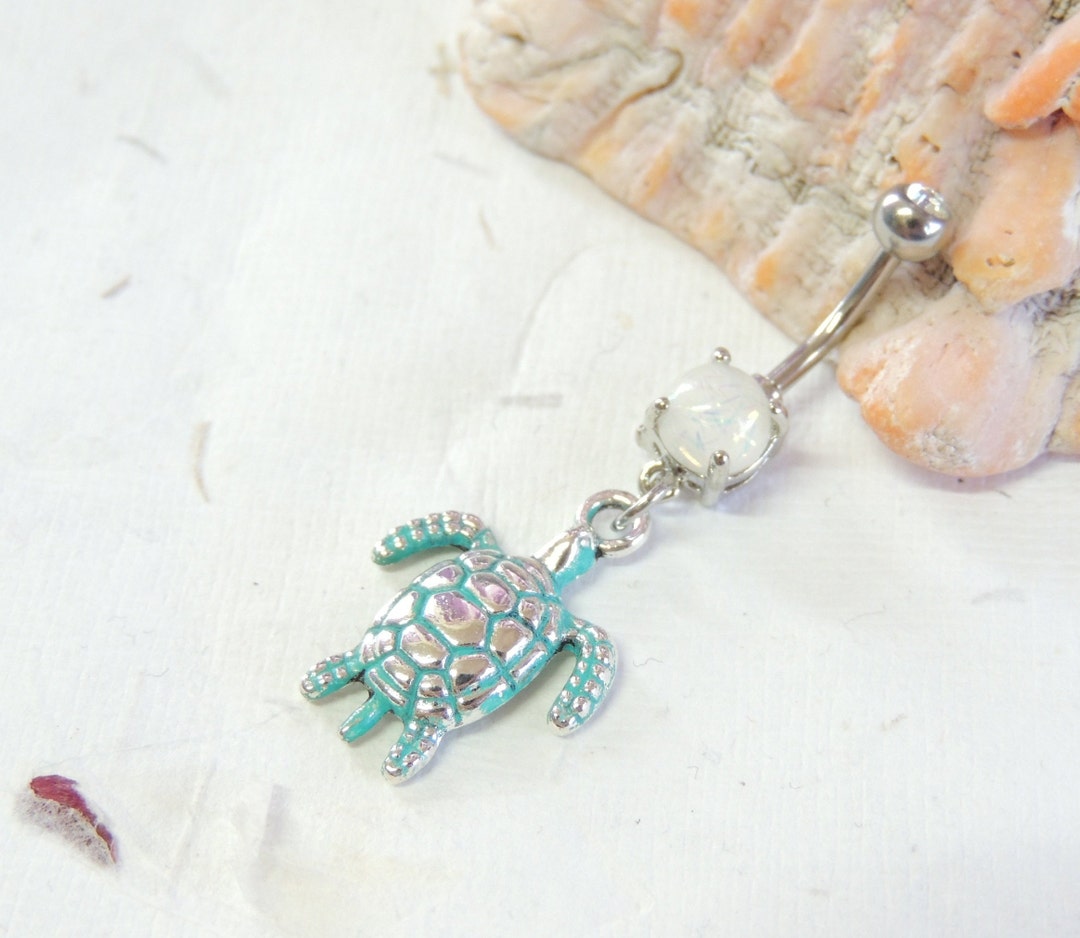 Turtle Belly Button Ring With White Opal Sparkle Barbell, Animal Belly ...