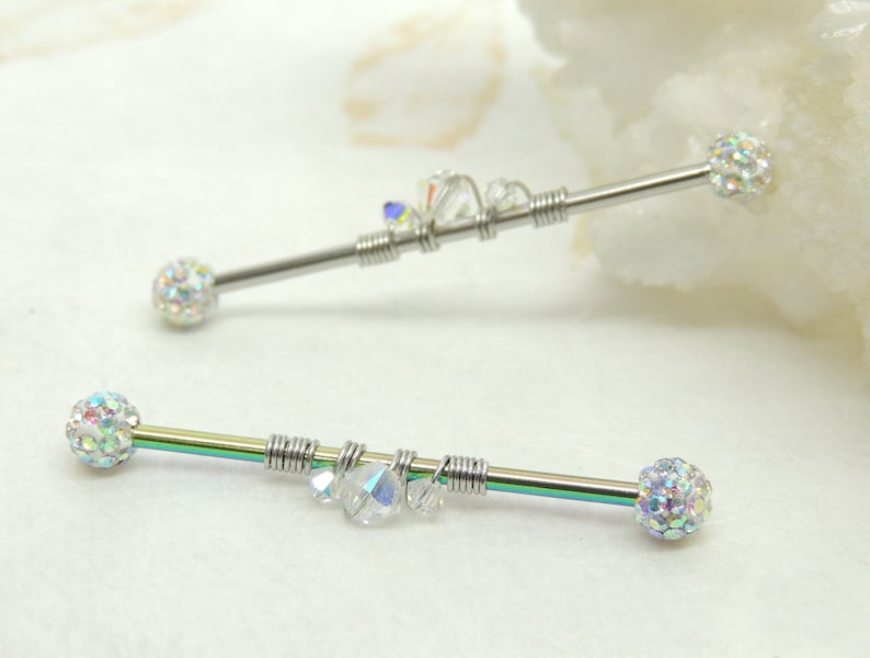 Aurora Borealis Wire Wrapped Industrial Barbell, Scaffold Ear Earring ...