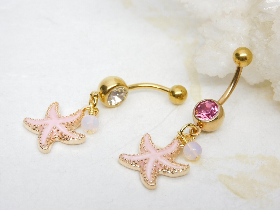 Pink Starfish Dangle Belly Button Navel Ring, Gold Belly Ring, Starfish ...