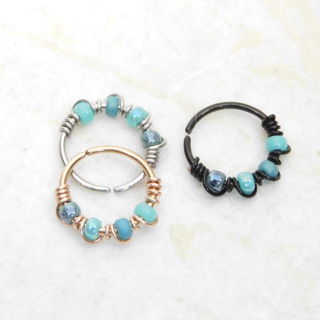 Blue Ombre Snug Fitting Nose Ring Hoop, Thin Nose Hoop With Beads ...