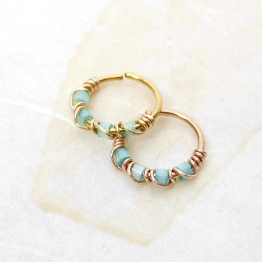 Mint Green Beaded Nose Hoop Ring, Modern Beaded Nose Ring, Tragus Hoop ...
