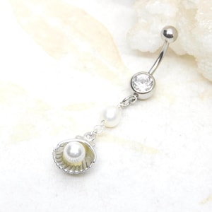 Gold Seashell Pearl Dangle Belly Ring, Nautical Beach Belly Ring, Navel ...