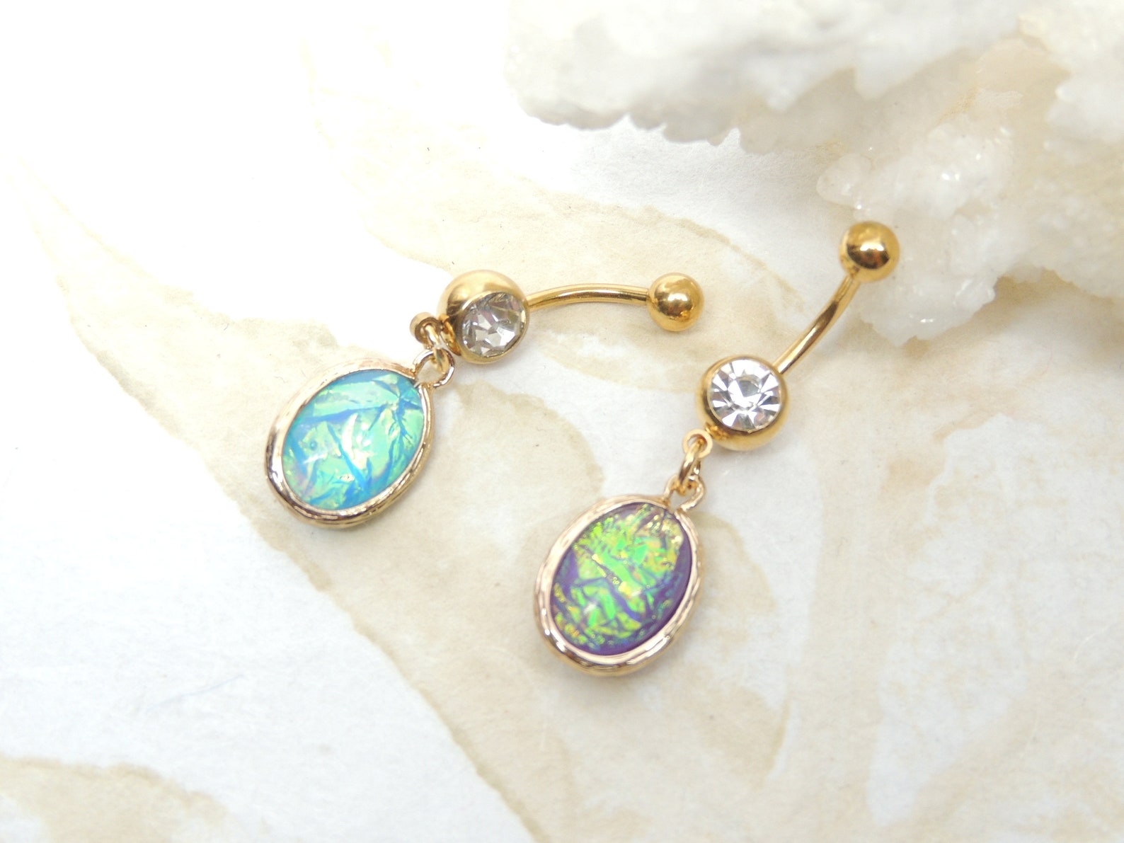 Opal Sparkle Gold Dangle Belly Ring You Choose Color | Etsy