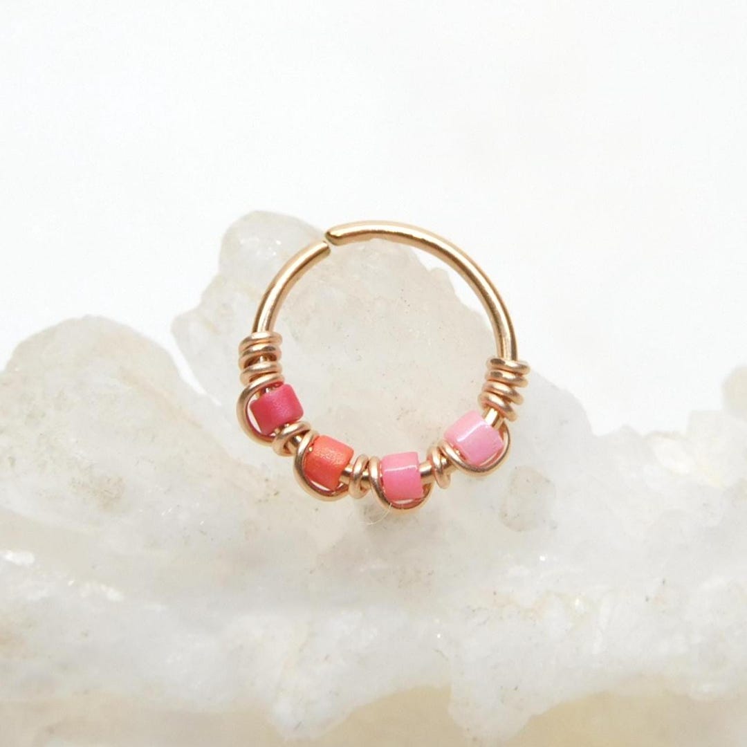 Pretty Pink Snug Fitting Nose Hoop Ring, Nose Ring With Beads ...