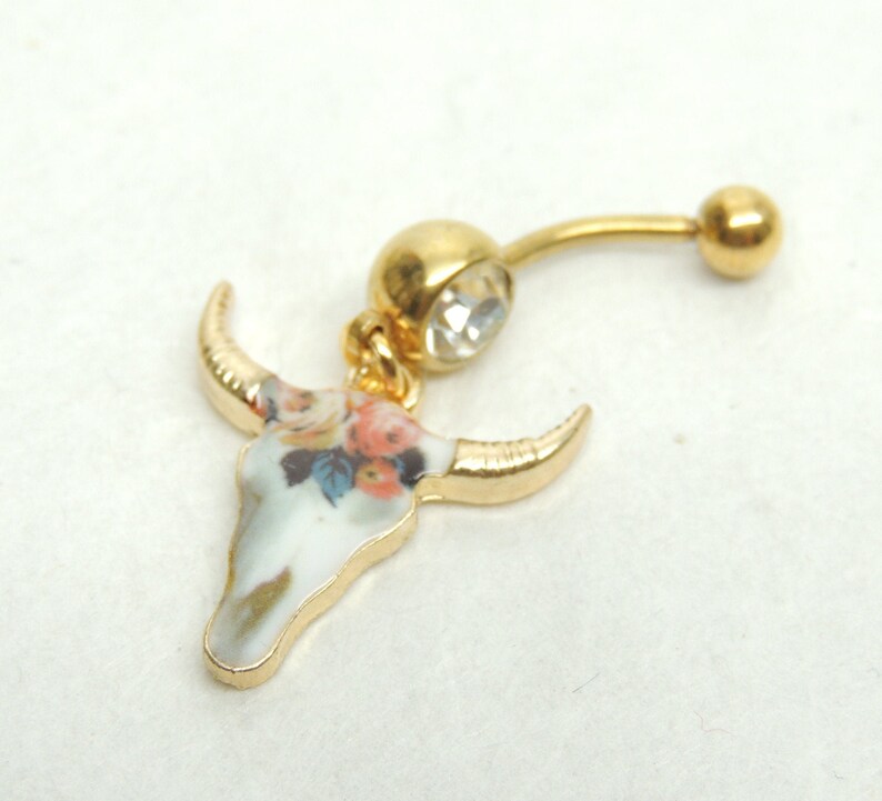 Boho Floral Cow Skull Dangle Belly Ring, Western Cow Skull Belly Ring ...