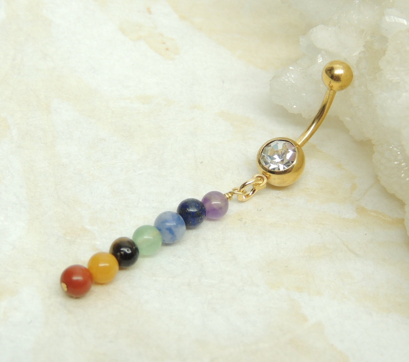 Chakra Mixed Gemstone Dangle Belly Ring, Natural Stone Belly Ring ...