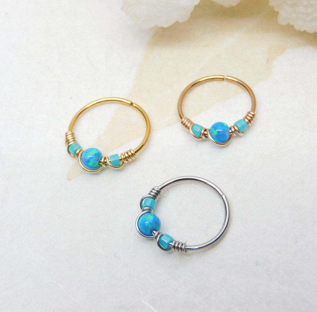 Turquoise Blue Opal Beaded Cartilage Hoop, Opal Nose Hoop, Septum Nose ...