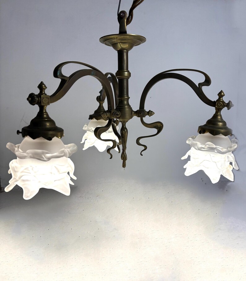 French Bronze Antique Art Nouveau Chandelier With Vianne Glass Double ...
