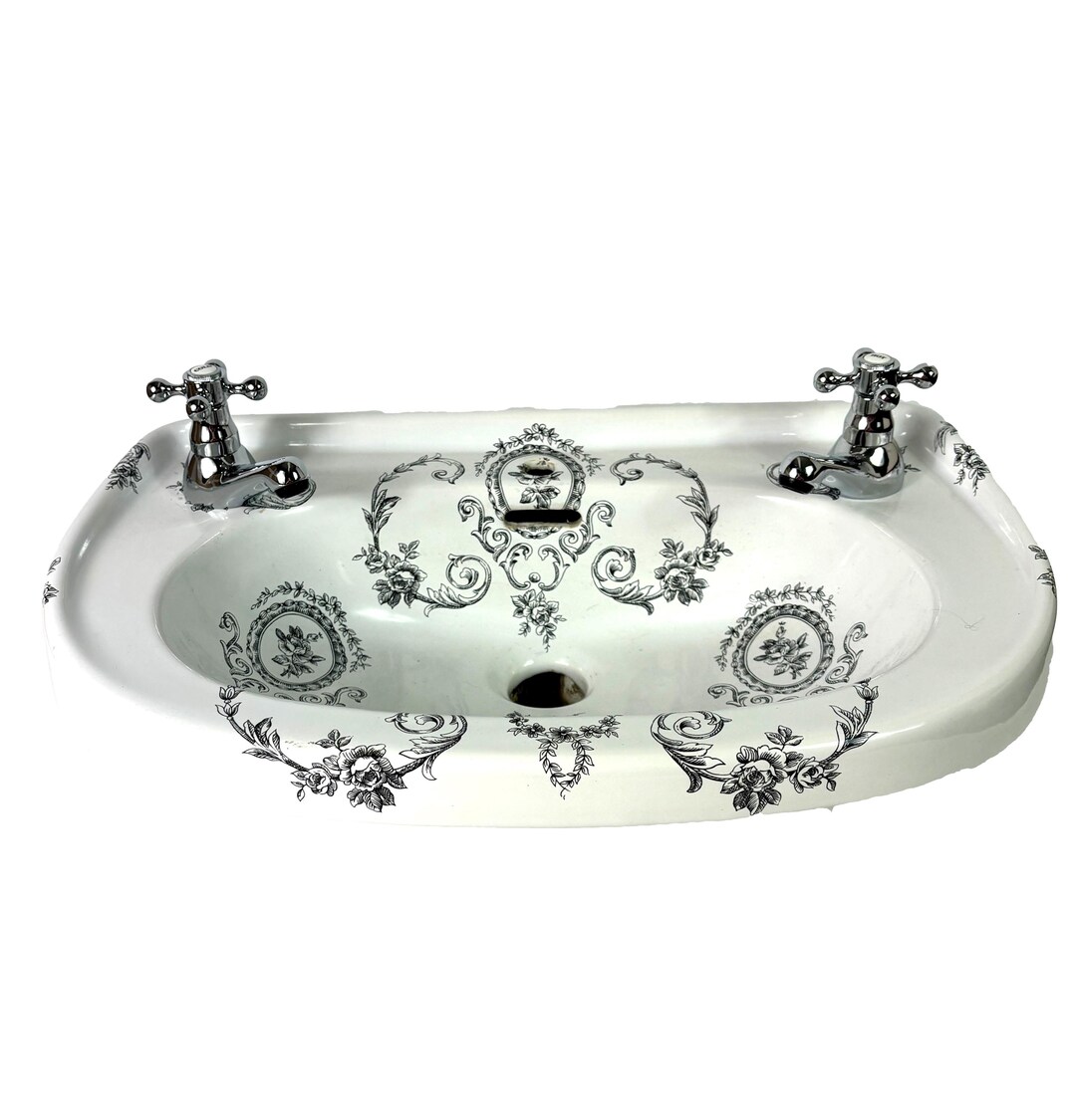Porcelain De Paris French Wash Basin Roses Black & White With Taps ...