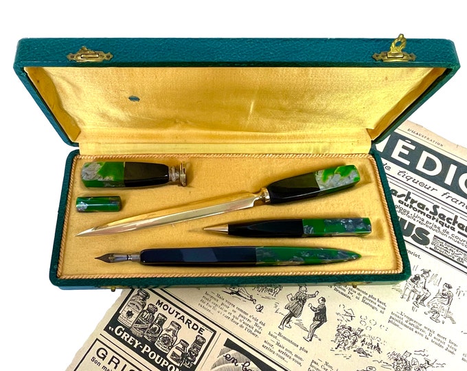 French Antique 1920's Art Deco Bakelite Green & Silver Stationary Set ...