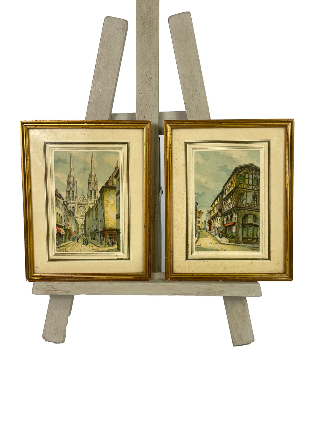 2 Small Antique French Quality Lithographs Barday Hand Tinted Framed ...