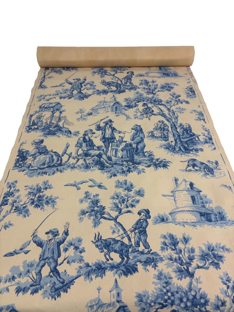 Antique French Paris Blue Toile Wallpaper - Early 20th Century -roll 6 ...