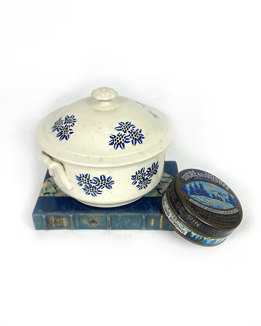 St Uze French Terrine /tureen Lidded Pot Antique Blue Flow Blue Ceramic ...