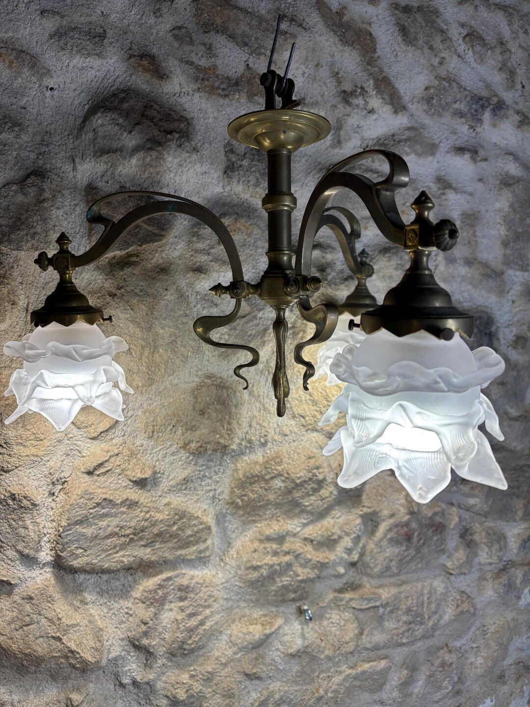 French Bronze Antique Art Nouveau Chandelier With Vianne Glass Double ...