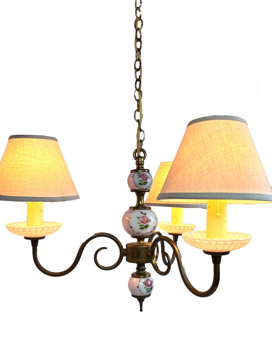 French 3 Bulb Porcelain Milk Glass Cups Chandelier Pink Roses With ...