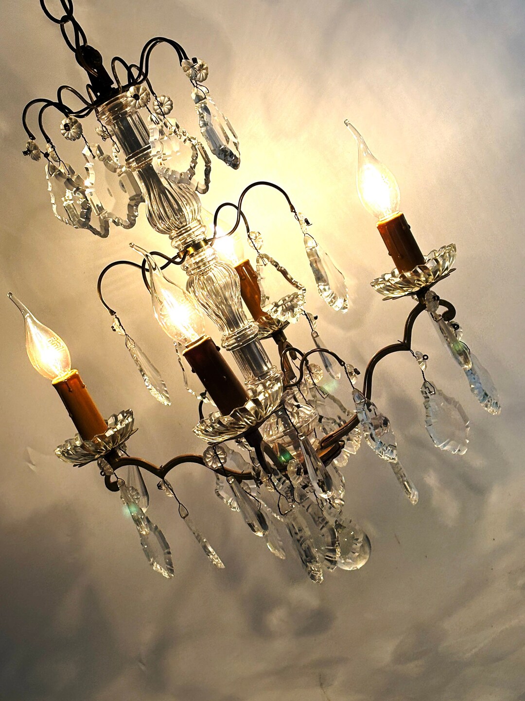 French Antique Heavy Bronze 4 Bulb Chandelier Crystal Drops & Central ...