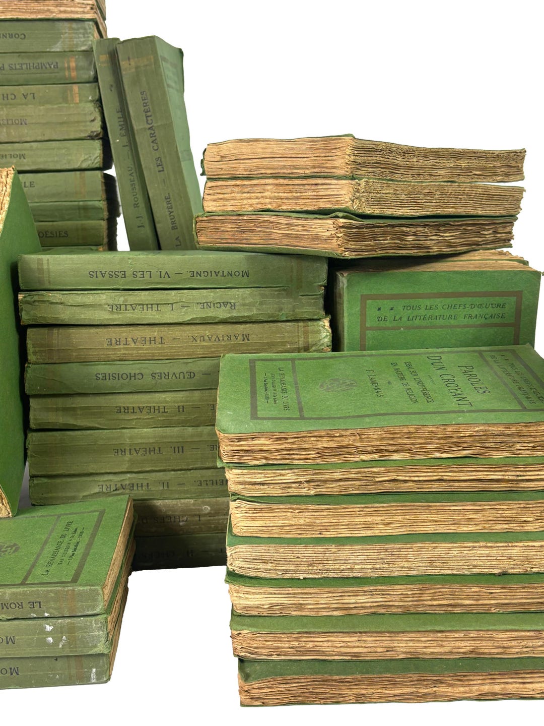 French Language Antique Books Collection Bundle of 24 Green Hand Cut ...