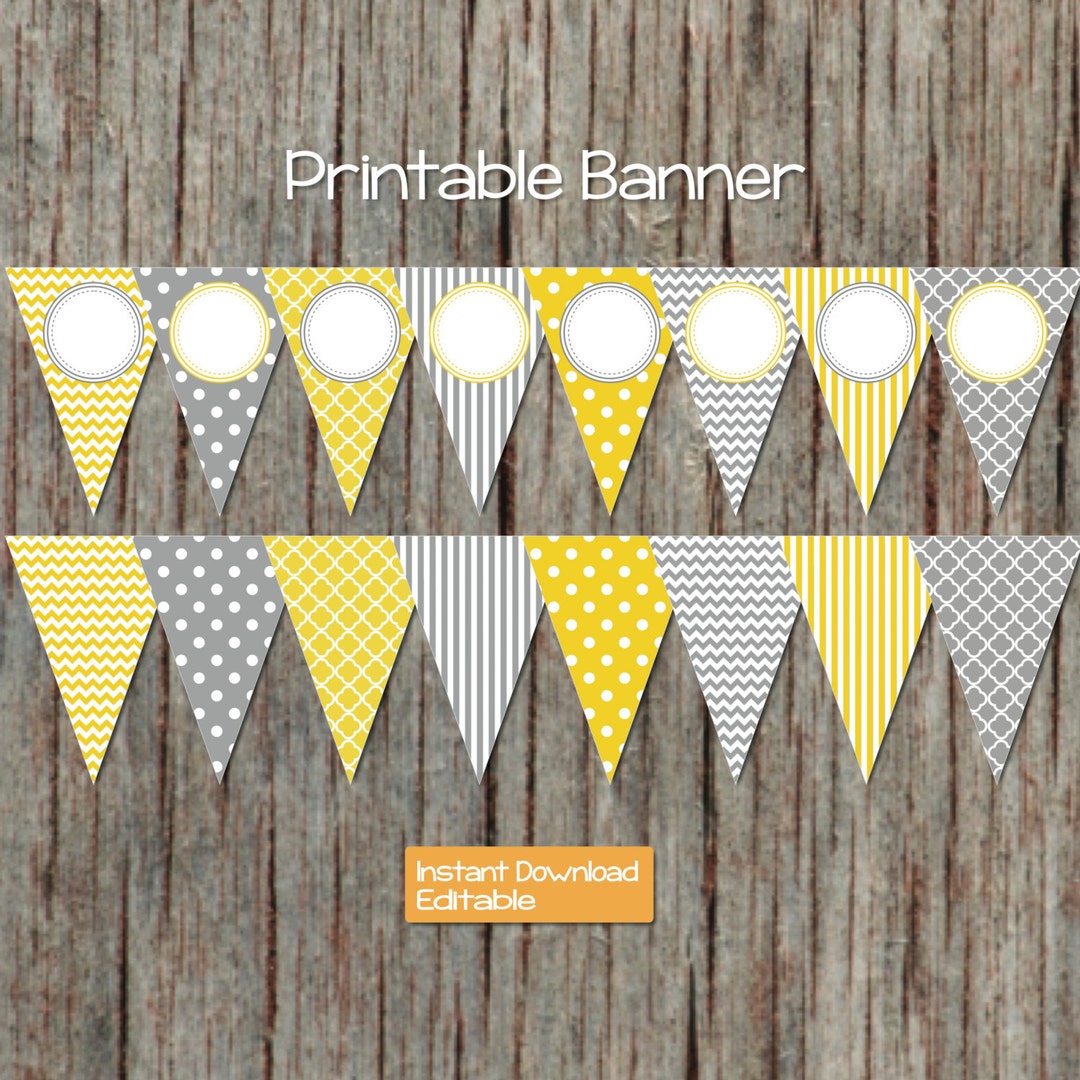 Yellow Grey Printable Editable Party Banner INSTANT DOWNLOAD Baby ...