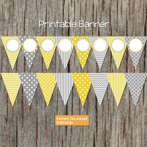 Yellow Grey Printable Editable Party Banner INSTANT DOWNLOAD Baby ...