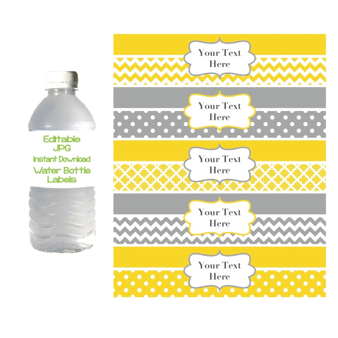 Water Bottle Labels Printable Editable Bottle Labels Yellow Grey Party ...