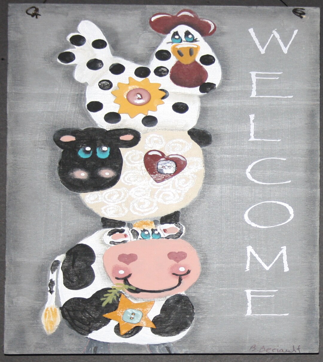 Welcome Sign With Stacked Farm Animals. There is a Cow, Sheep and a ...
