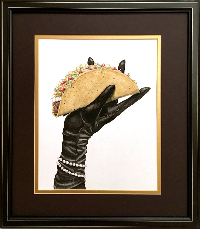 Black Satin Glove With Taco - Hand Holding Taco Watercolor - Etsy