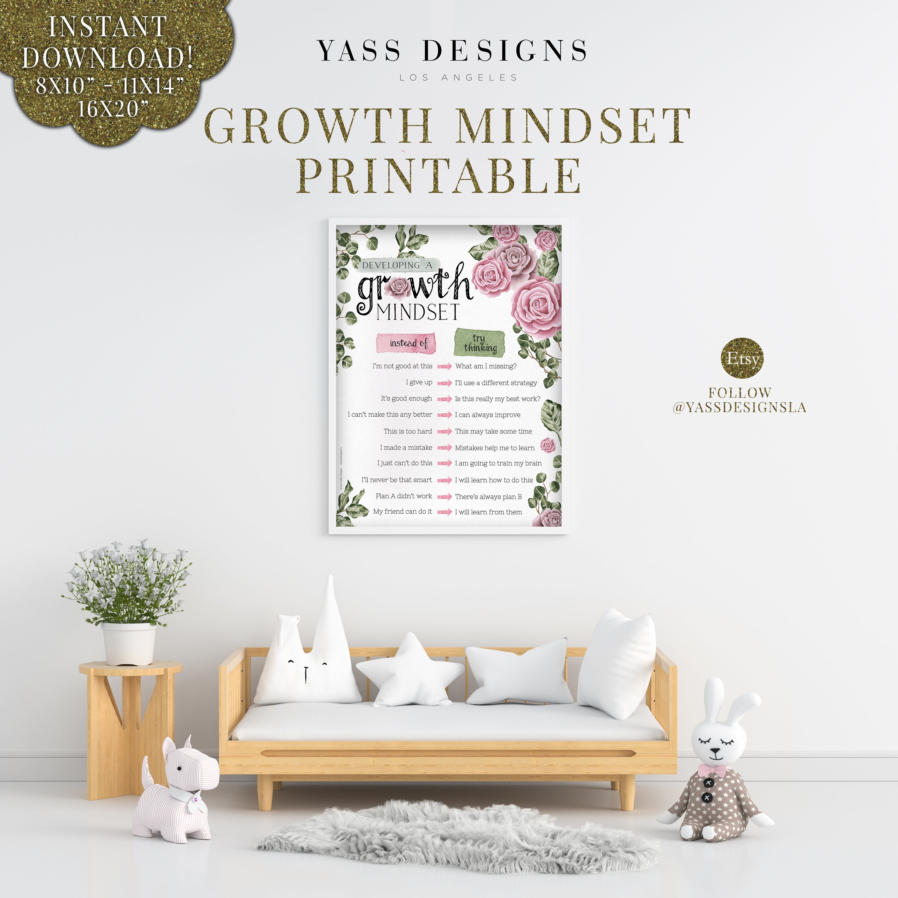 Growth Mindset Poster Printable Kids Wall Art Print Digital Download ...