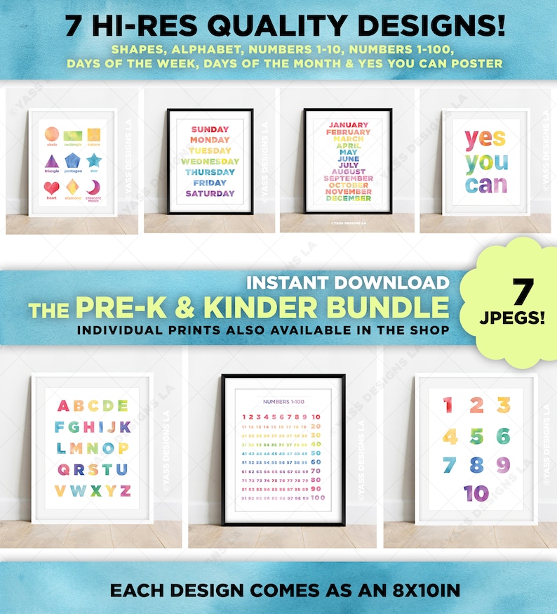 Classroom Decor Bundle Set of 7 Digital Prints, ABC Chart, Alphabet ...