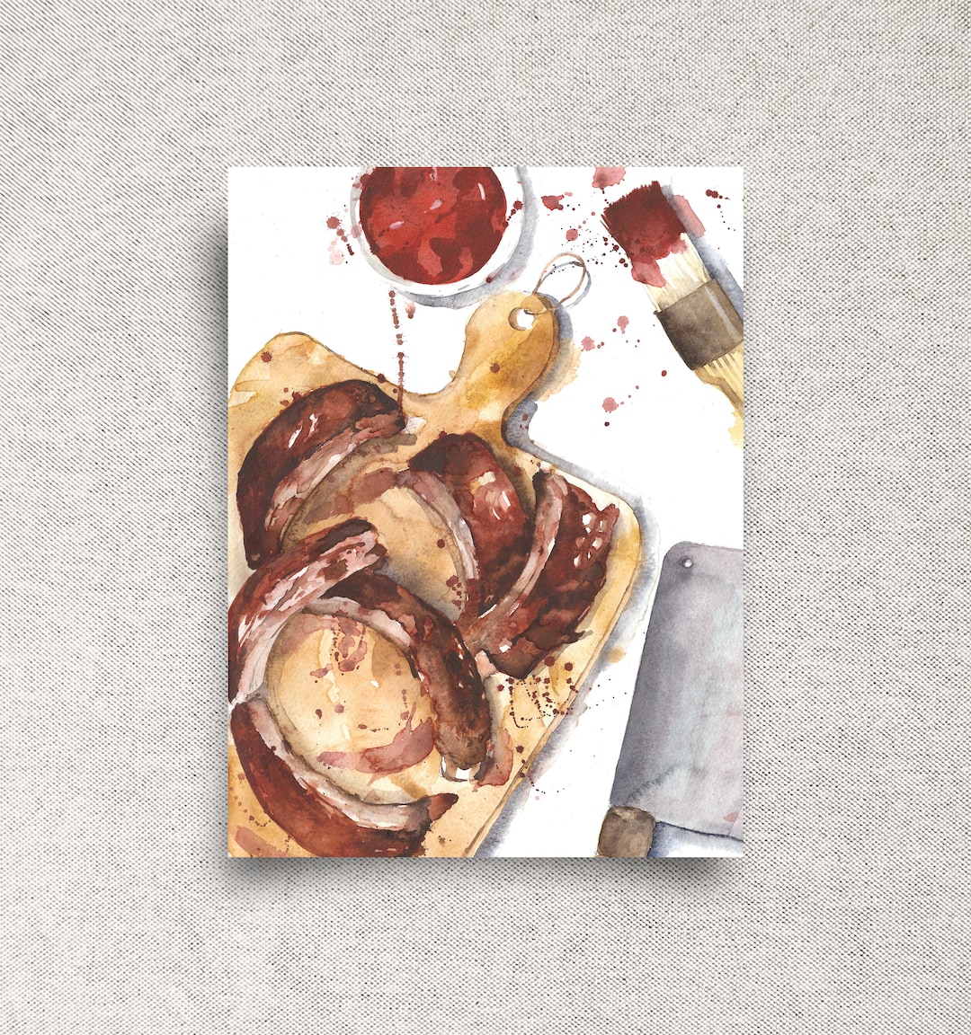 BBQ Ribs ORIGINAL Watercolor Painting, Meat Kitchen Wall Art, Barbeque ...