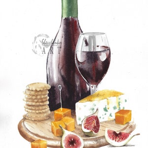Wine and Cheese ORIGINAL Watercolor Painting, Cheese Plate Food ...