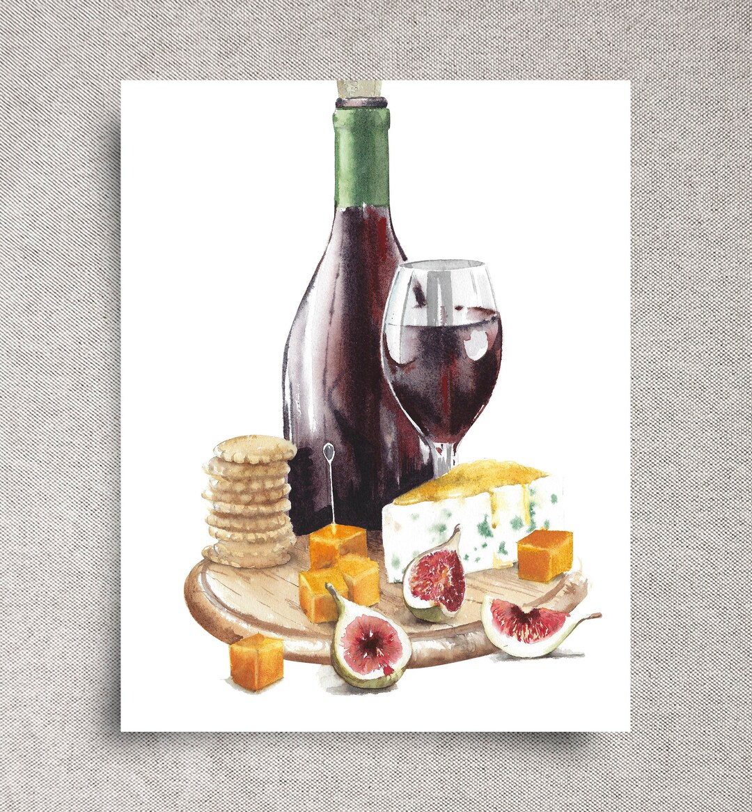 Wine and Cheese ORIGINAL Watercolor Painting, Cheese Plate Food ...