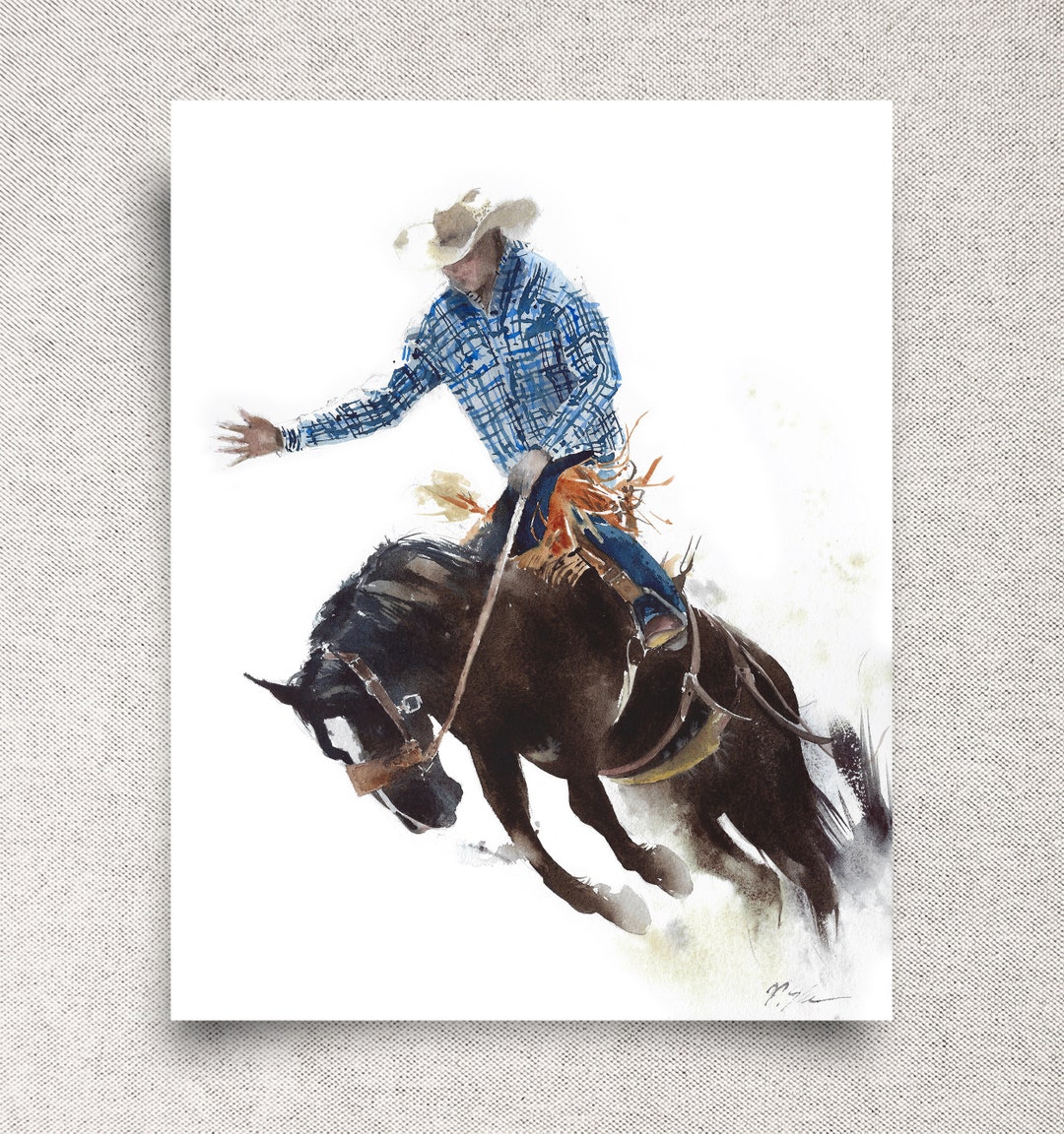 Cowboy ORIGINAL Watercolor Painting, Rodeo Wall Art, Horse Sport ...