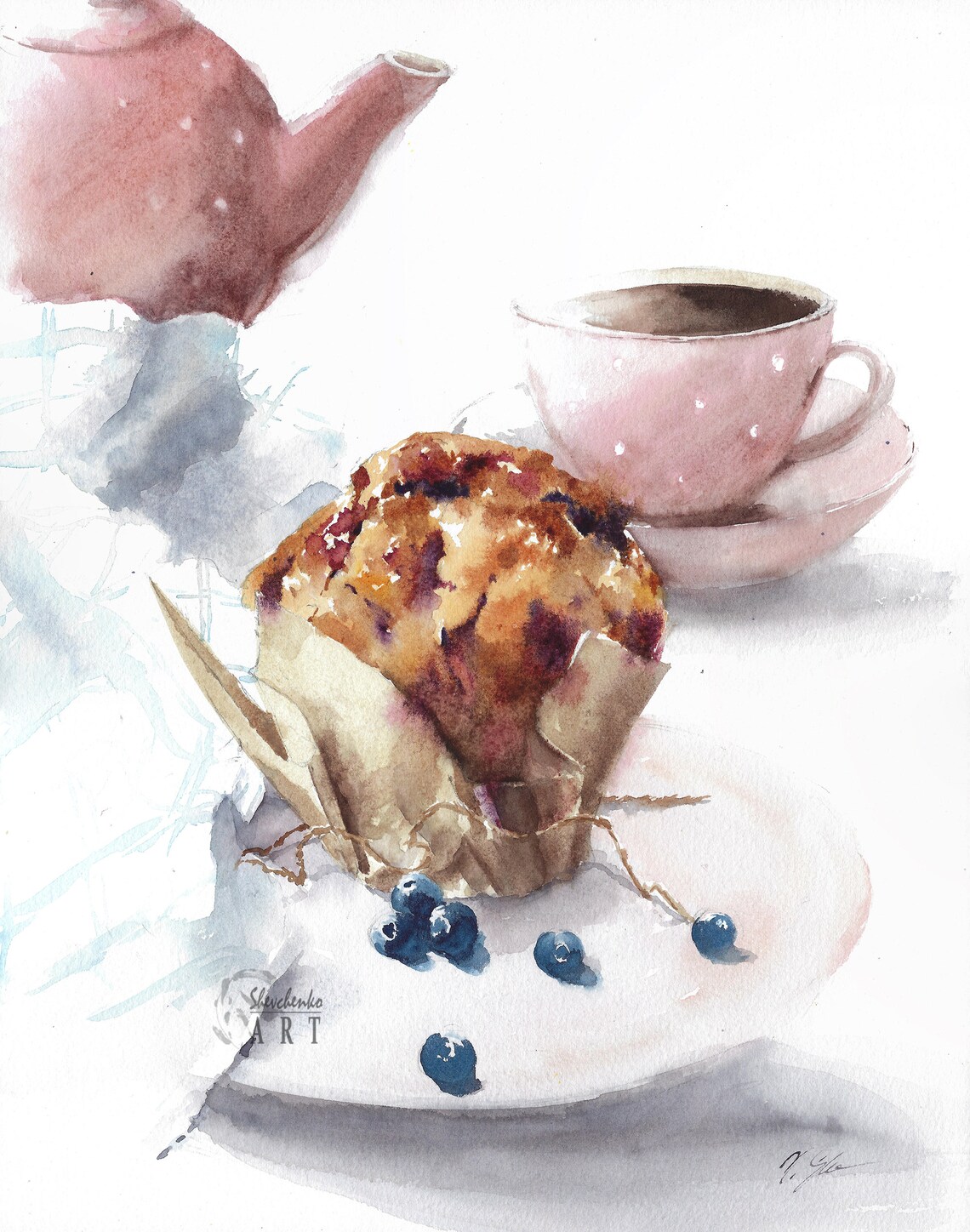 Blueberry Muffin ORIGINAL Watercolor Painting - Breakfast Kitchen Wall ...