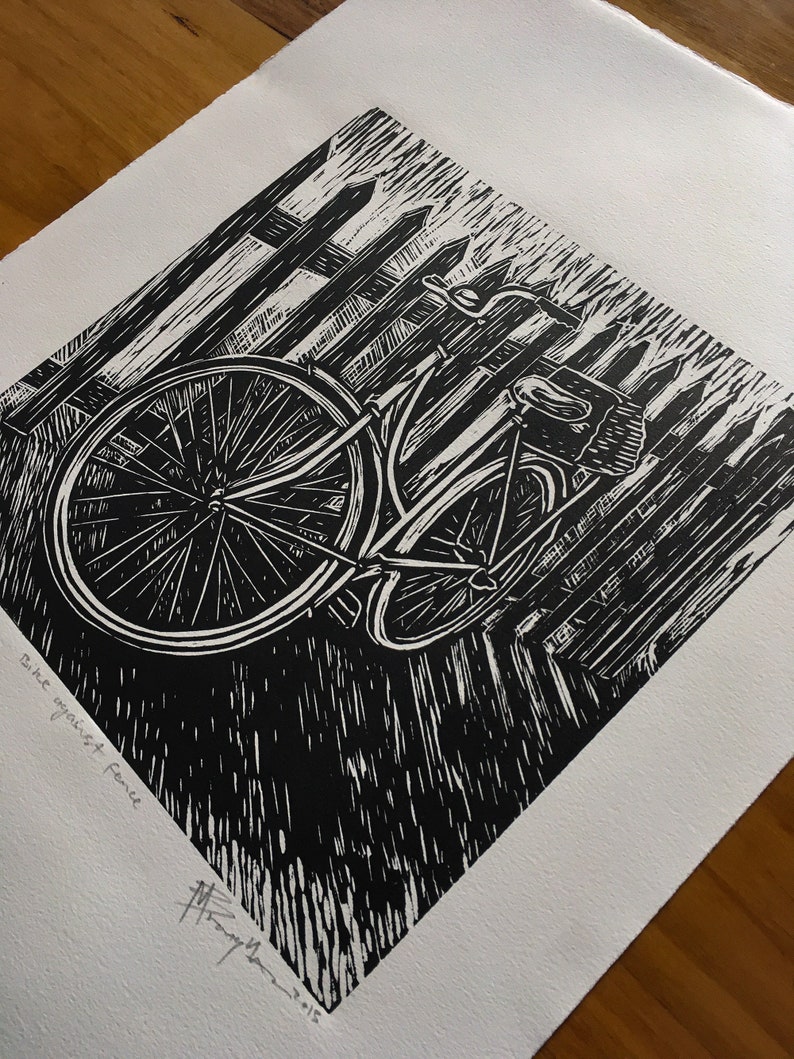 Linocut Print of a Bike Against a Fence - Etsy