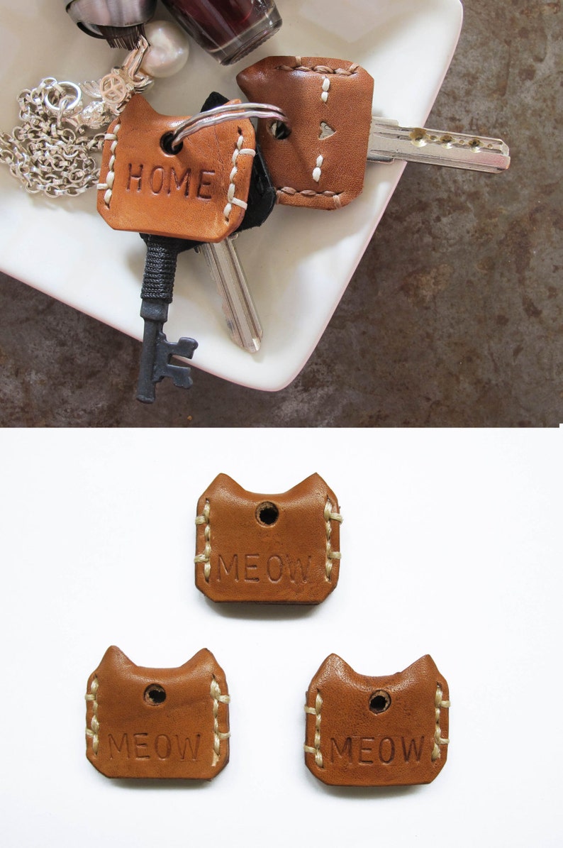 Meow Key Cover in Vegetable Tanned Leather Set of 3 Set of | Etsy