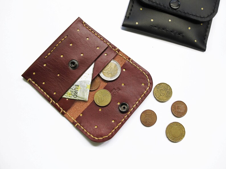Leather Snap Button Slim Wallet, Leather Coin Purse, Leather Card Purse ...