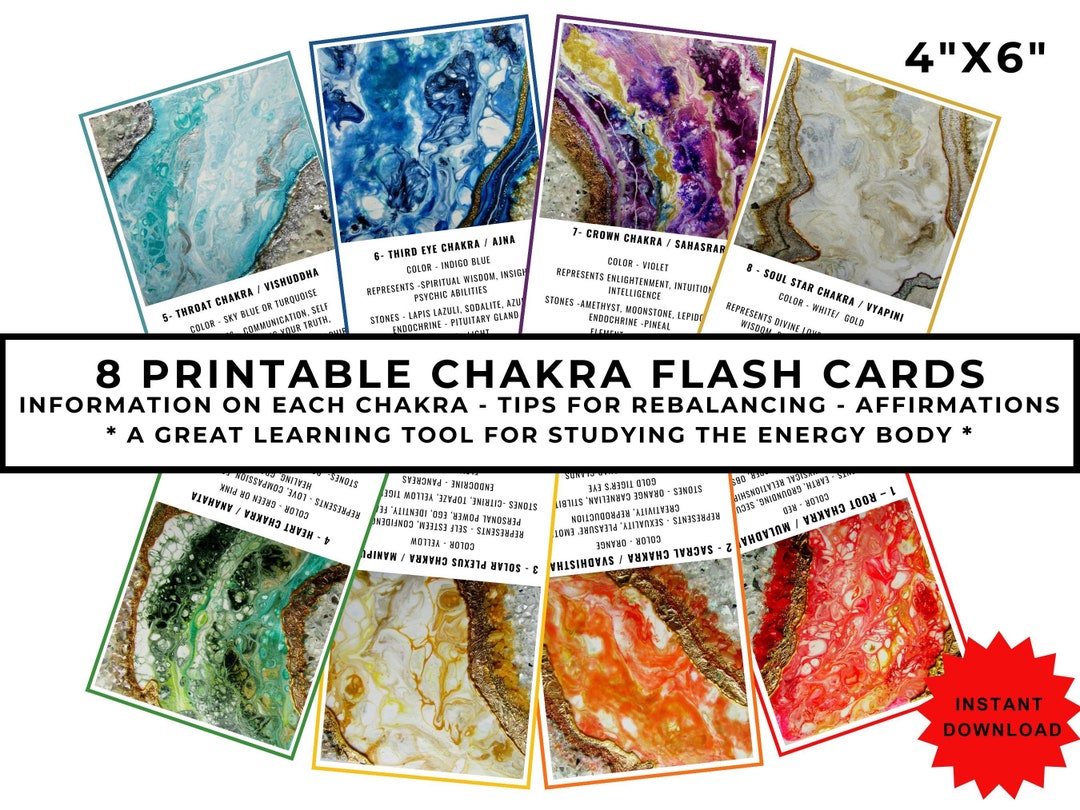 Printable Chakra Flash Cards for 8 Chakras, Digital Download, Chakra ...