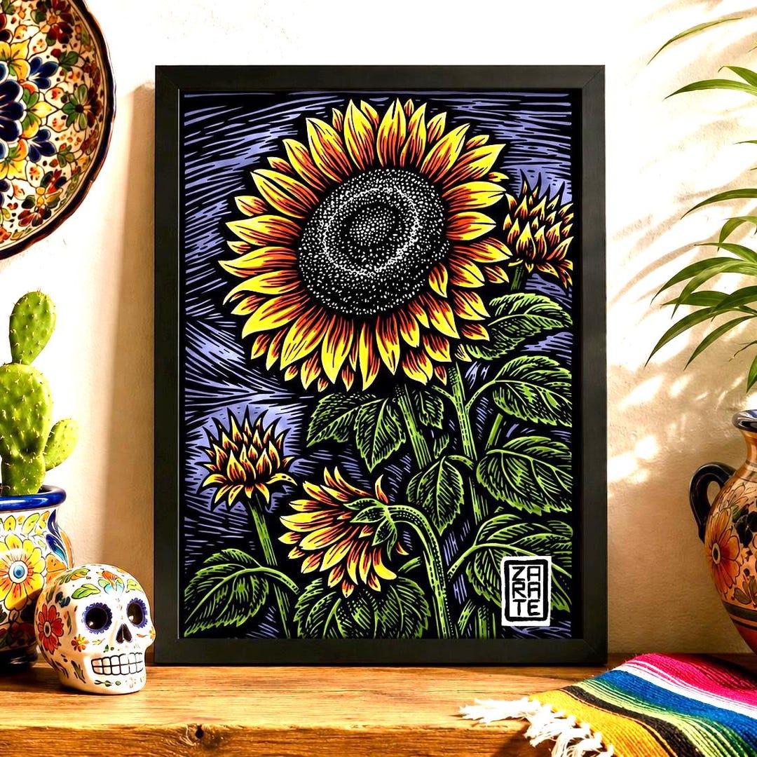 Sunflower Linocut Print | Mexican Folk Art Wall Decor, Vibrant Floral ...