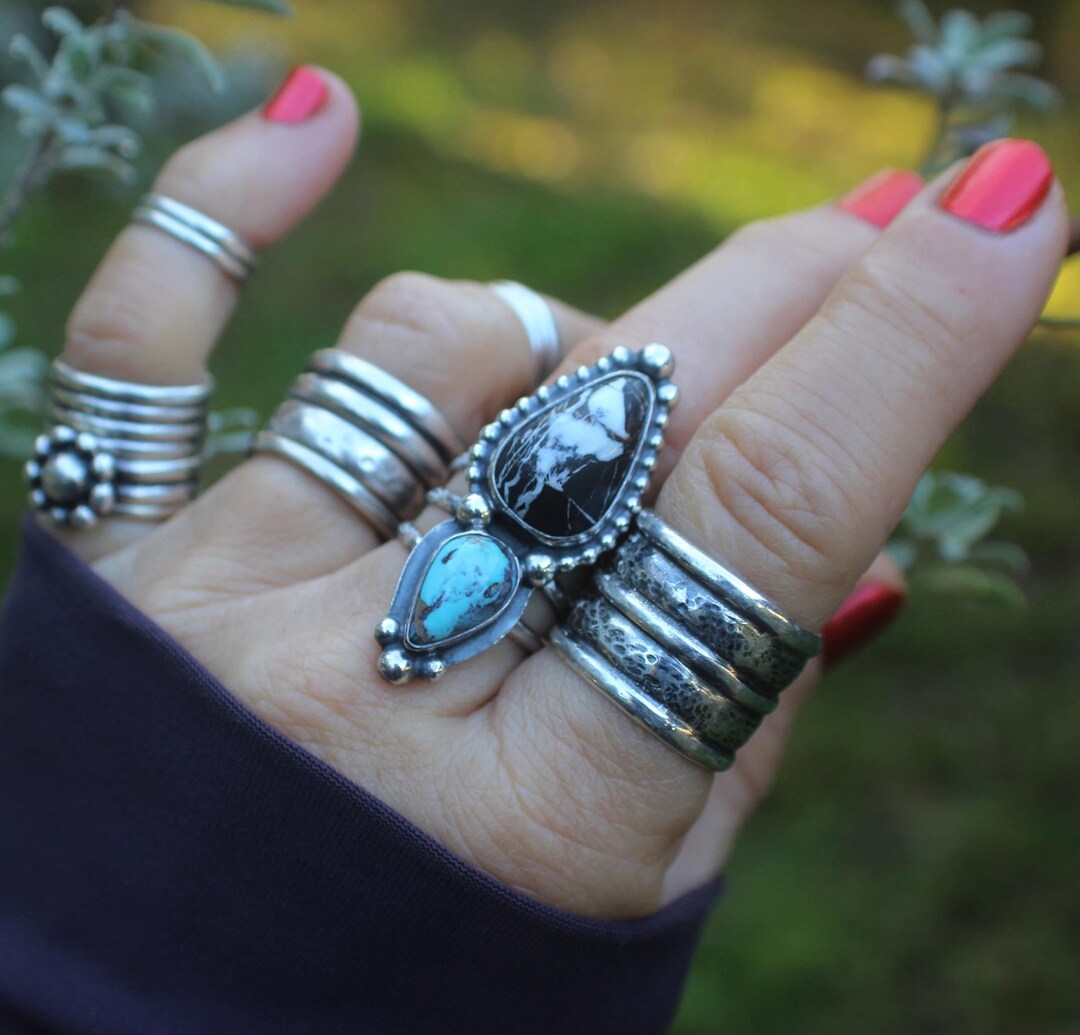WHITE BUFFALO RING With Turquoise, Black and White Stone Ring, Sterling ...